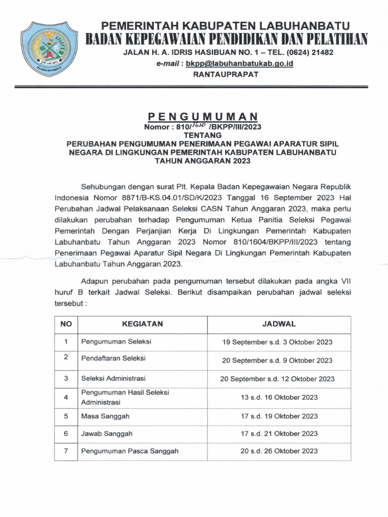 Pengumuman Perubahan Jadwal Seleksi ASN 2023 | PDF