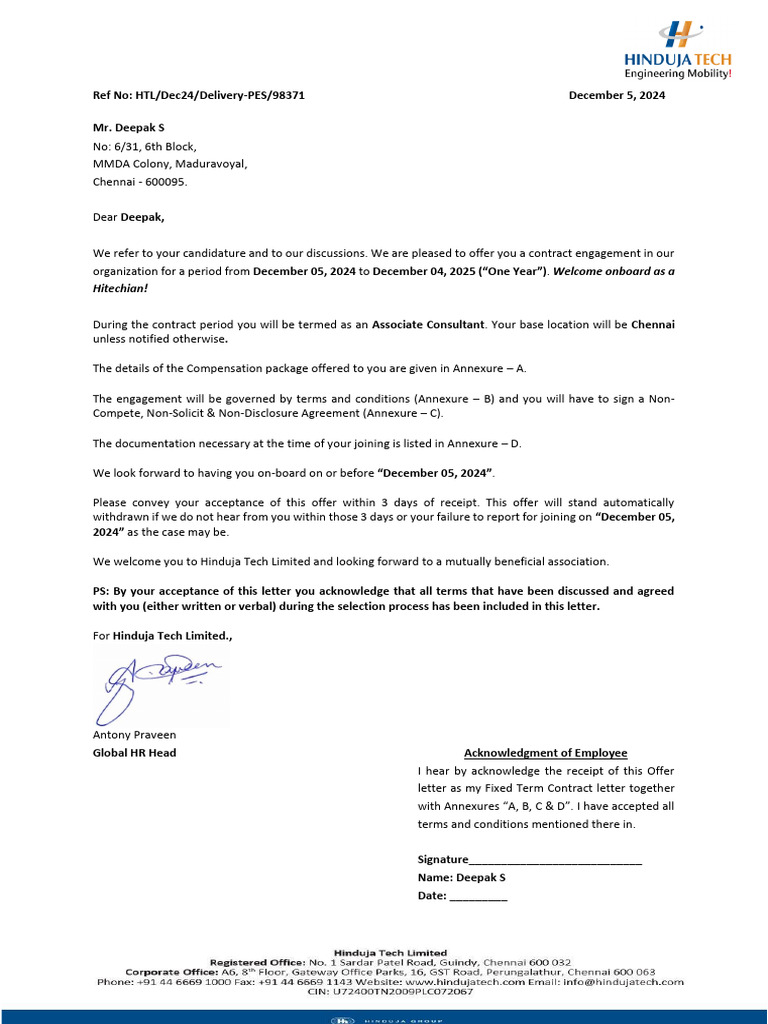 Appointment Letter 1.0 - Deepak S | PDF | Patent | Contractual Term