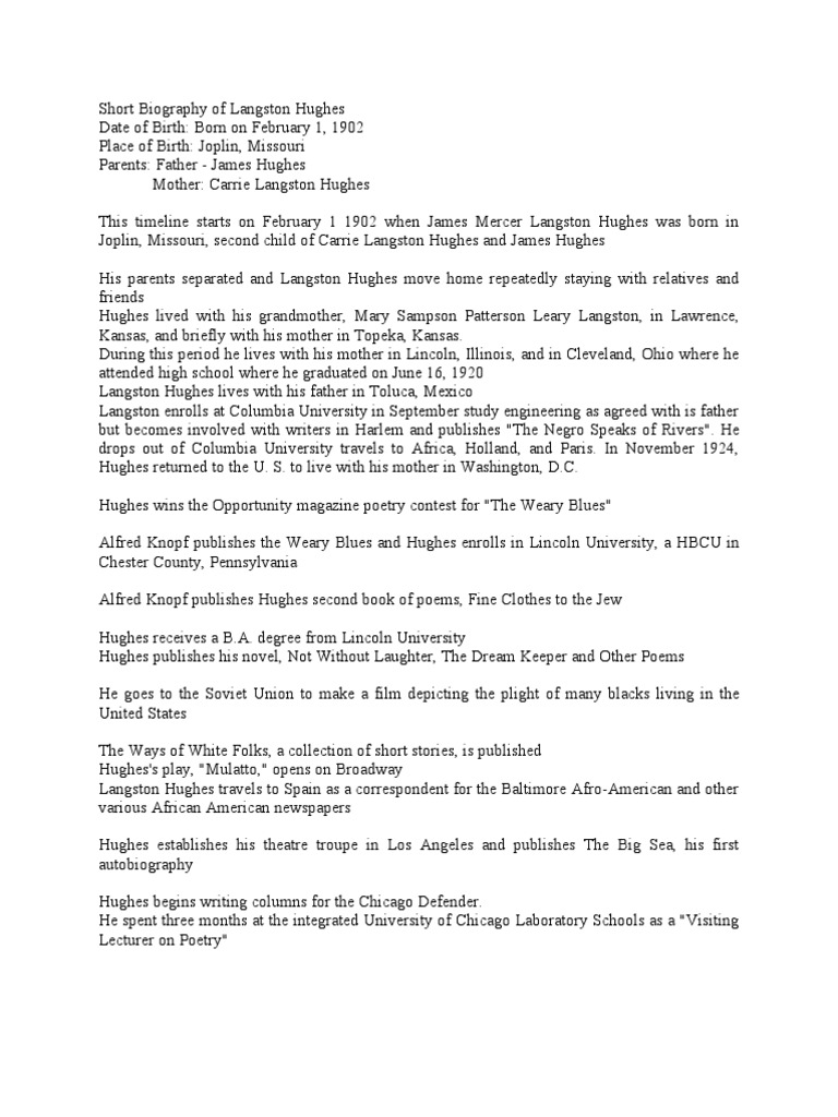 Langston Hughes - Timeline | PDF | Poetry