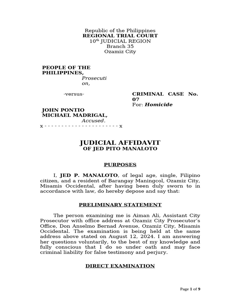 Judicial Affidavit in Homicide Case | PDF | Affidavit | Perjury