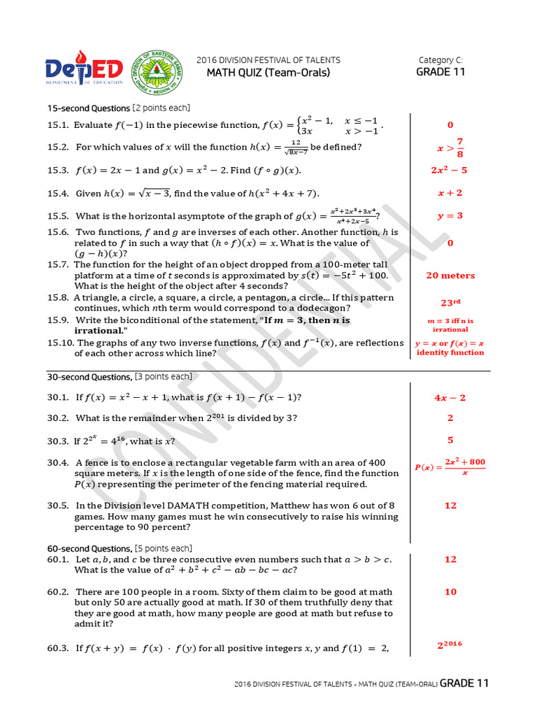 Grade 11 Math Quiz Questions | PDF | Function (Mathematics ...