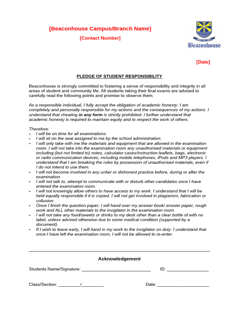 Student Exam Responsibility Pledge | PDF | Academic Dishonesty