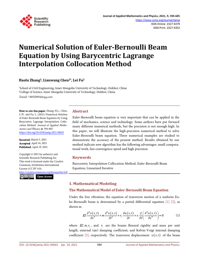 Numerical Solution of Euler-Bernoulli Beam Equatio | PDF | Numerical Analysis | Mathematical Objects