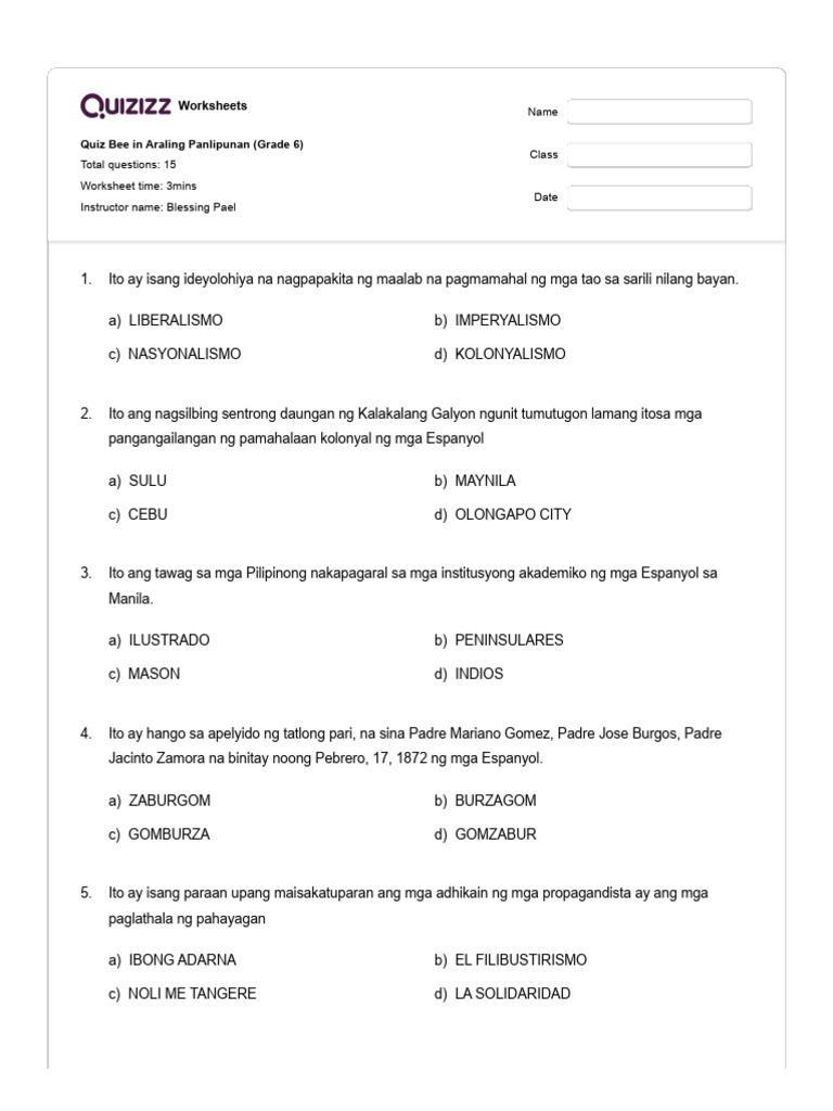 Quiz Bee in Araling Panlipunan (Grade 6) - Quizizz | PDF