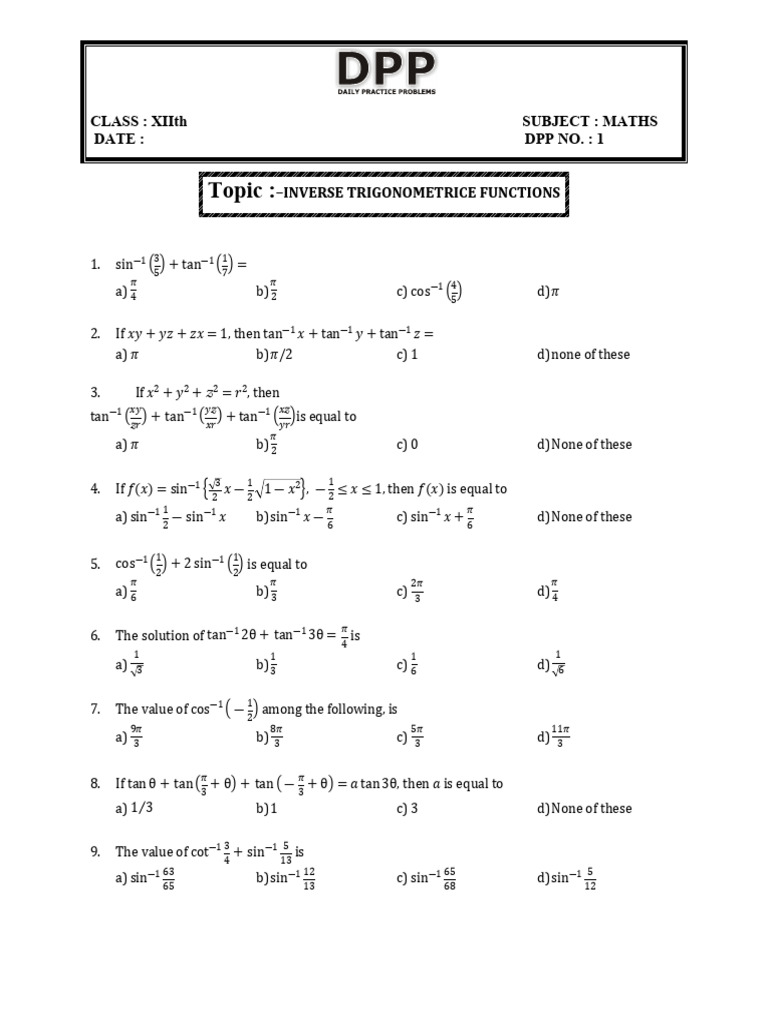 Inverse Trigonometrice Functions Q 1 Pdf Triangle Geometry Geometry