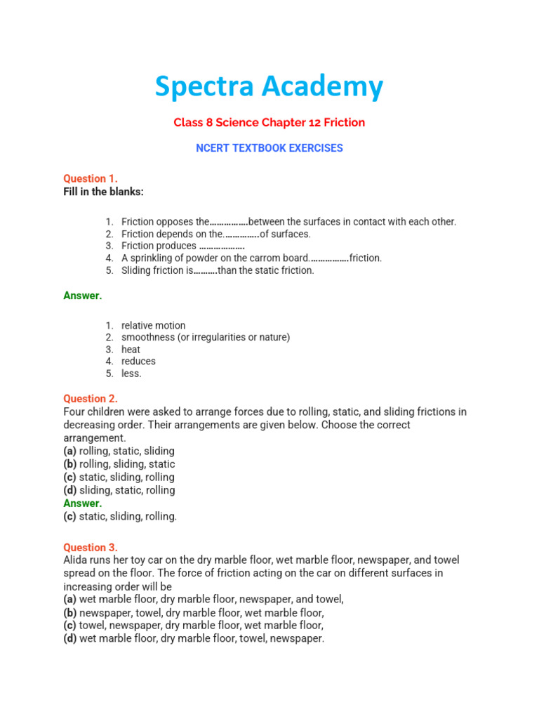 Class 8 CBSE Science Chapter 12 Friction | PDF | Friction | Force