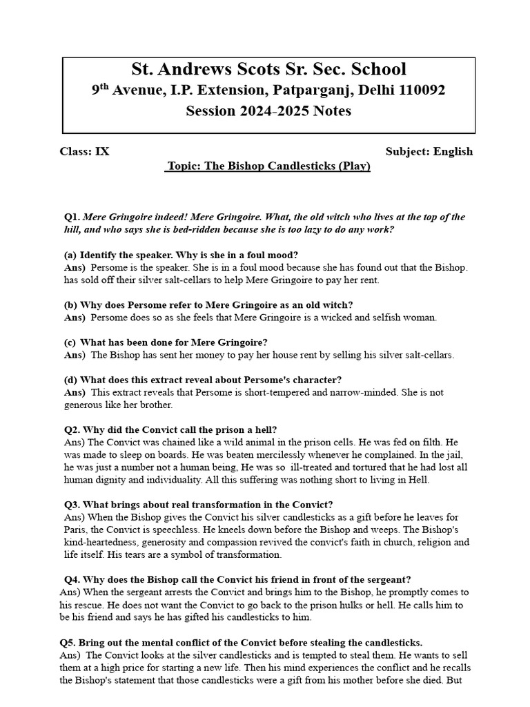 English - The Bishop Candlesticks Play Notes (IX) 2024 | PDF