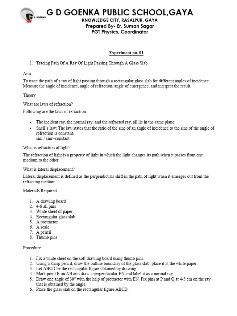 Exp 1 Phy Gr-10A (1) | PDF | Refraction | Angle
