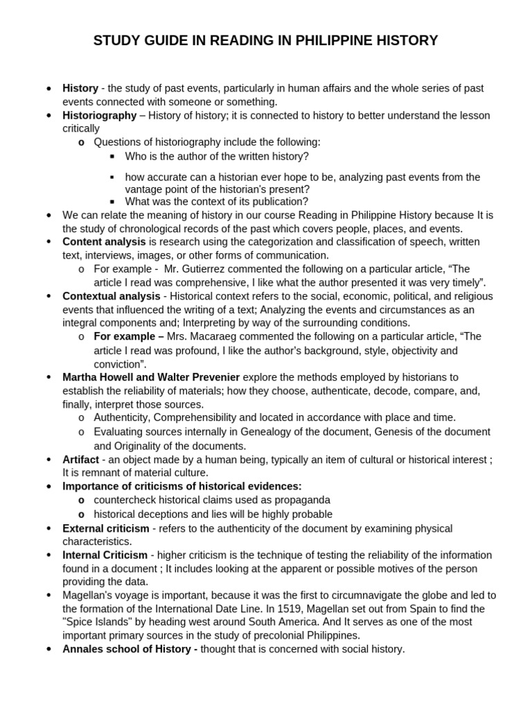 Study Guide in Reading in Philippine History | PDF | Philippines