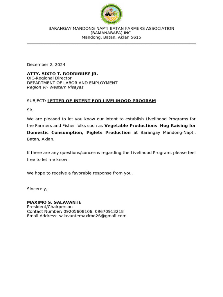 Letter of Intent DOLE | PDF