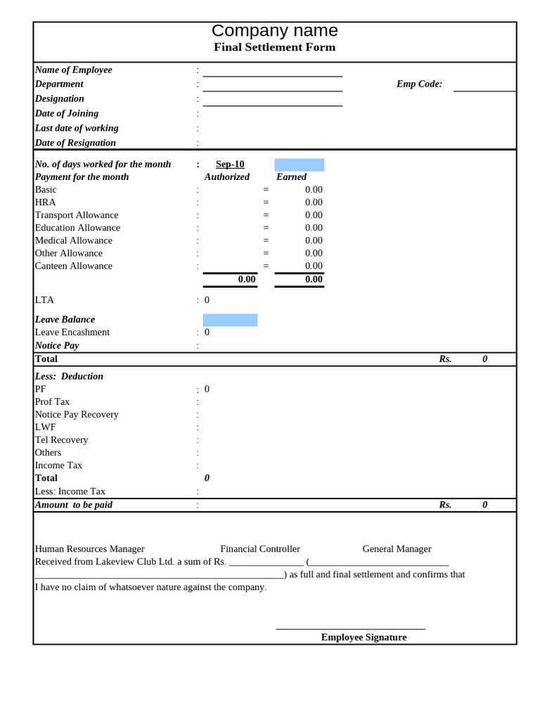 Final Settlement Form Template | PDF