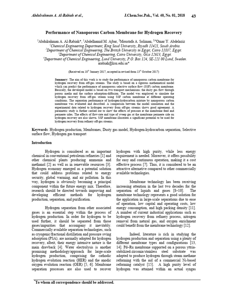Performance of Nanoporous Carbon Membrane For Hydrogen Recovery | PDF | Adsorption | Membrane