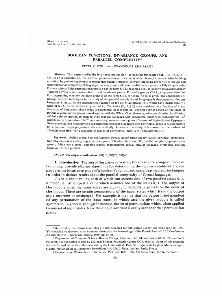Boolean Functions, Invariance Groups, and Parallel Complexity | PDF | Group (Mathematics ...