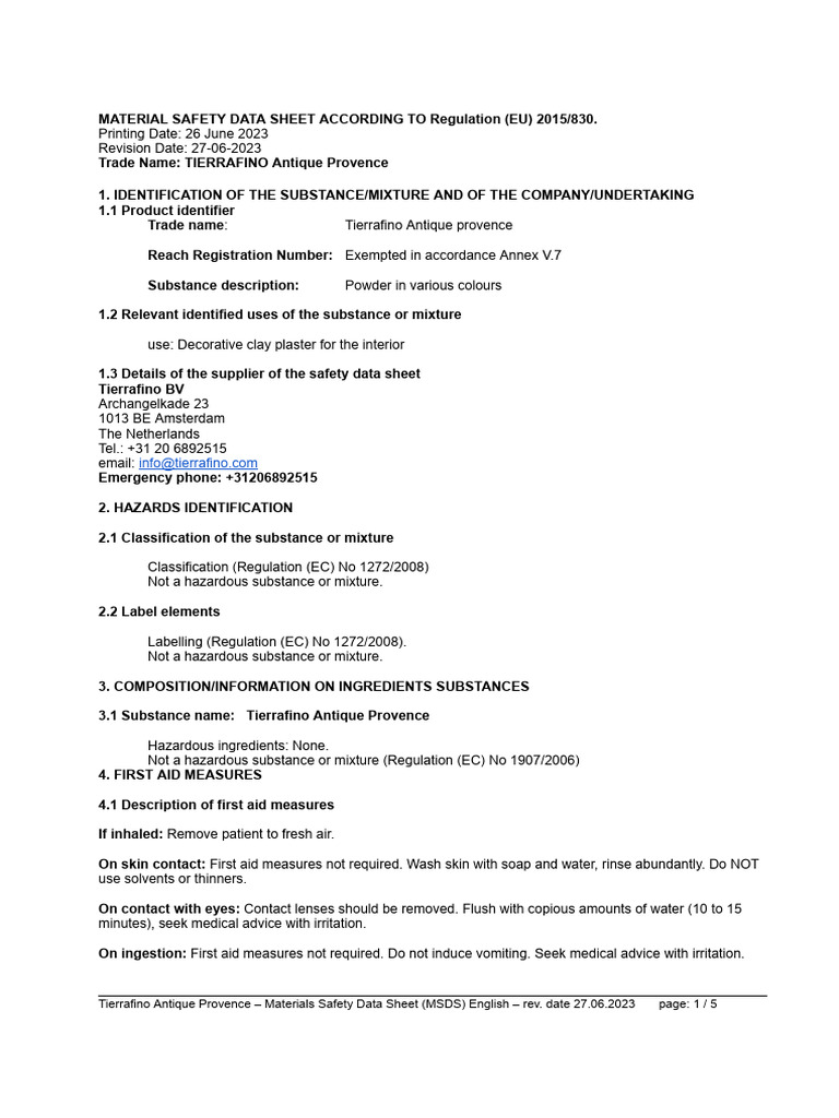 Tierrafino Antique Provence MSDS Guide | PDF | Carbon Dioxide | Safety