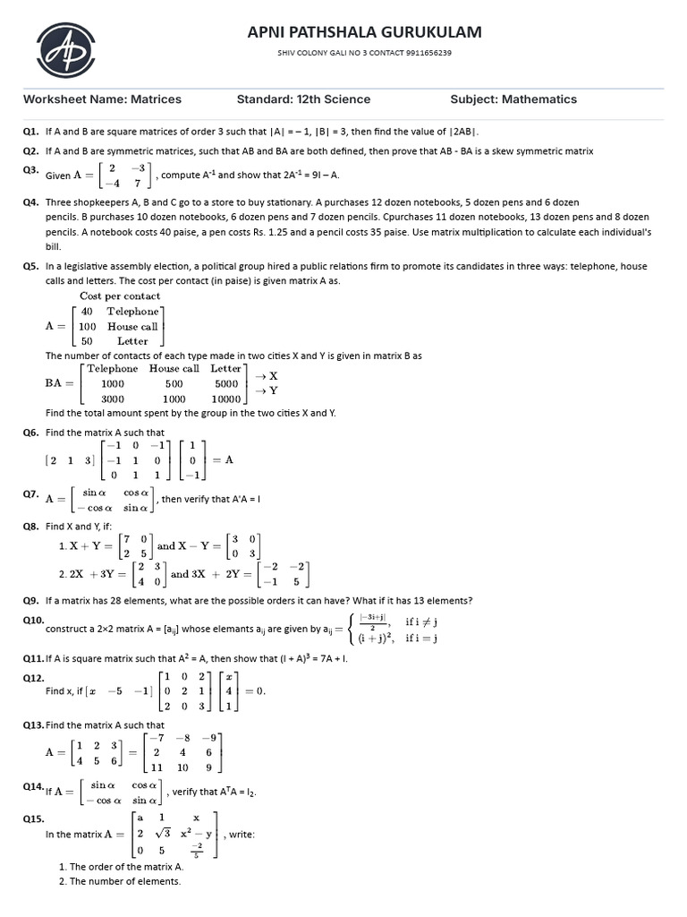 Matrices MCQ 2024-2025 Class 12.PDF Practice Question | PDF | Algebra | Functional Analysis