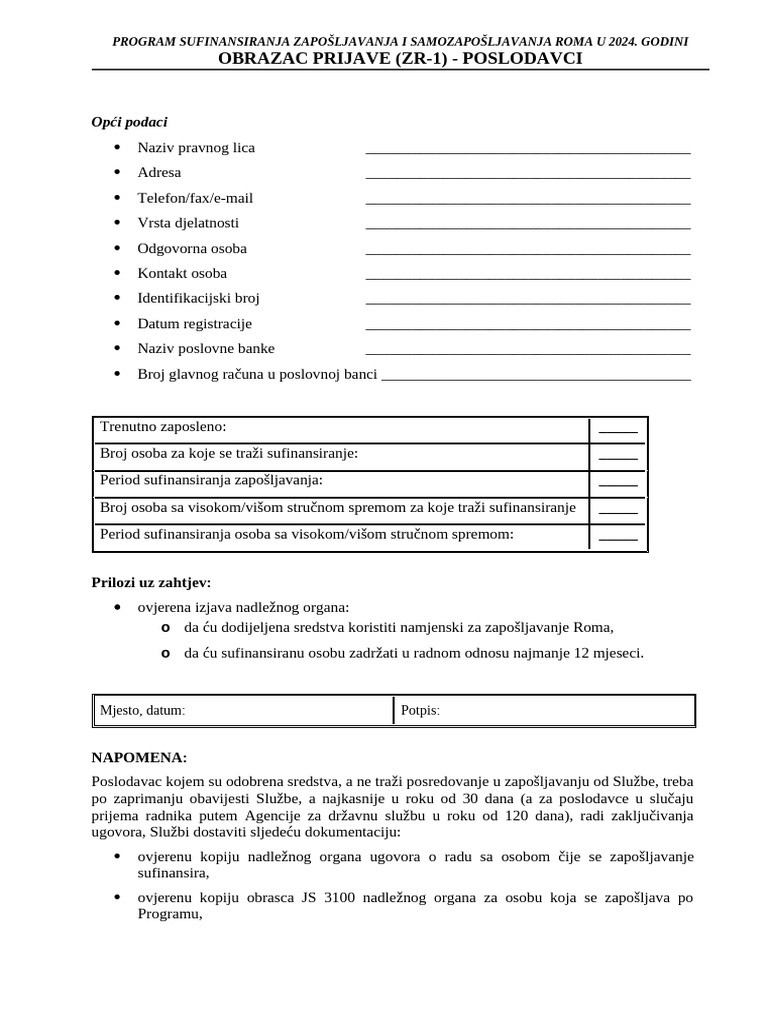 Zahtjev 2024, Pravna - Lica I Obrti - Obrazac - ZR-1 | PDF