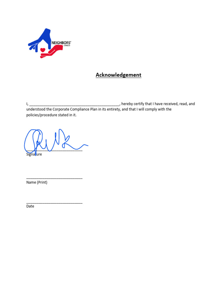 Acknowledgement Corporate Compliance Plan (Signed) | PDF