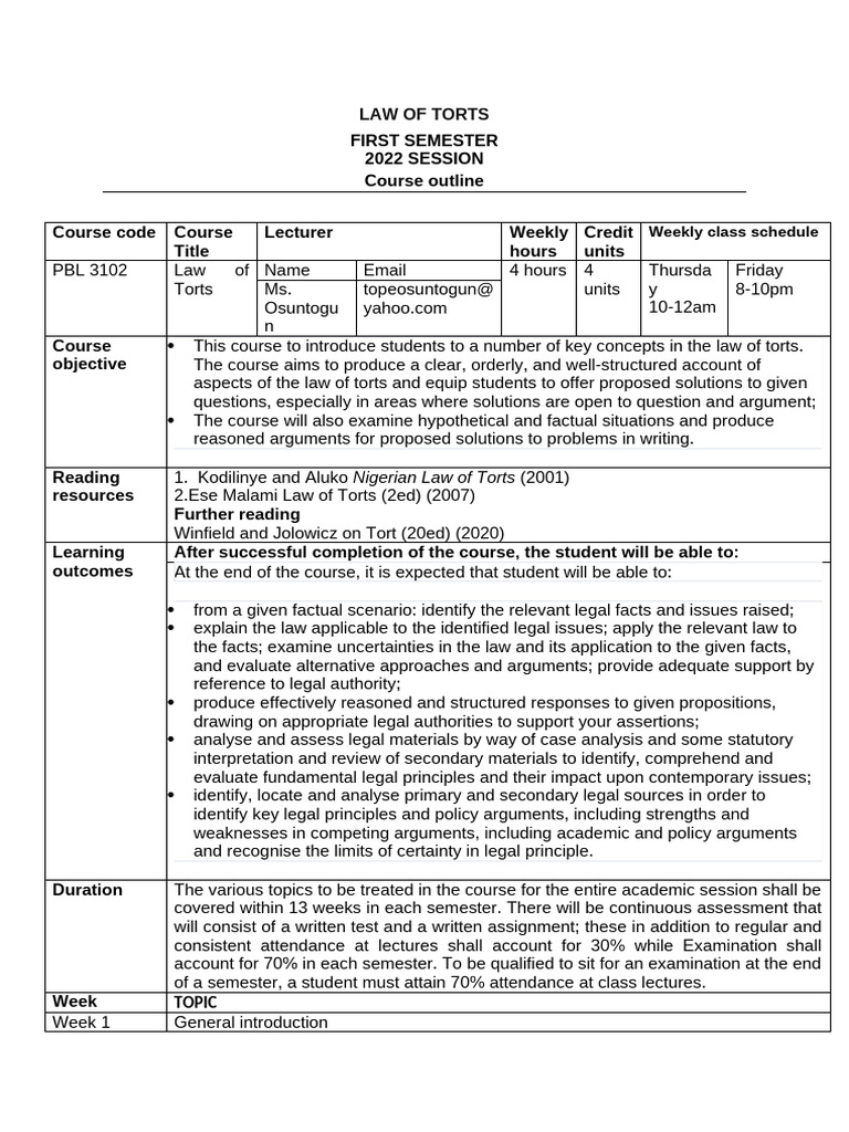 Law of Torts, Course Outline | PDF | Trespass | Tort