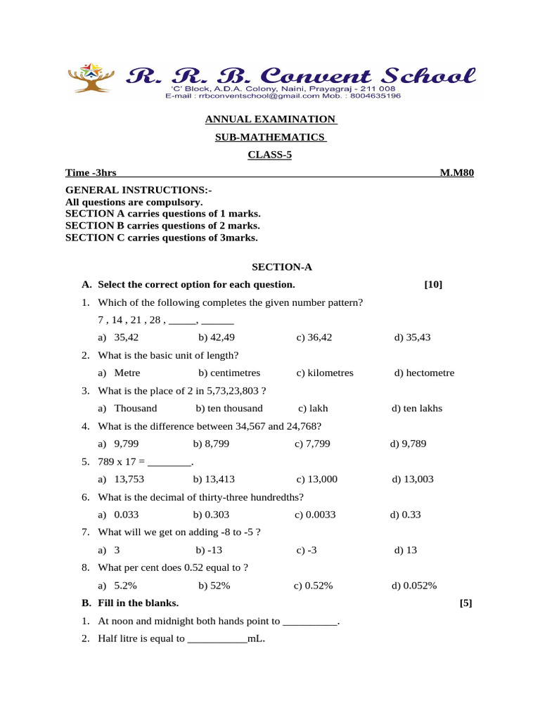 Grade 5 Math Exam Paper | PDF | Area | Mathematics