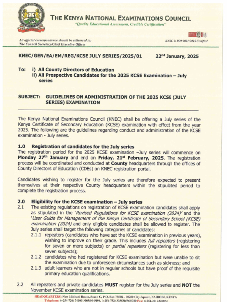 Guidelines On Administration of The 2025 Kcse July - 250124 - 181321 | PDF