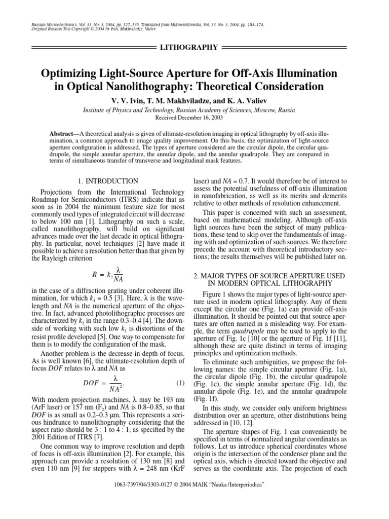 Optimizing Light-Source Aperture For Off-Axis Illumination in Optical Nanolithography | PDF ...