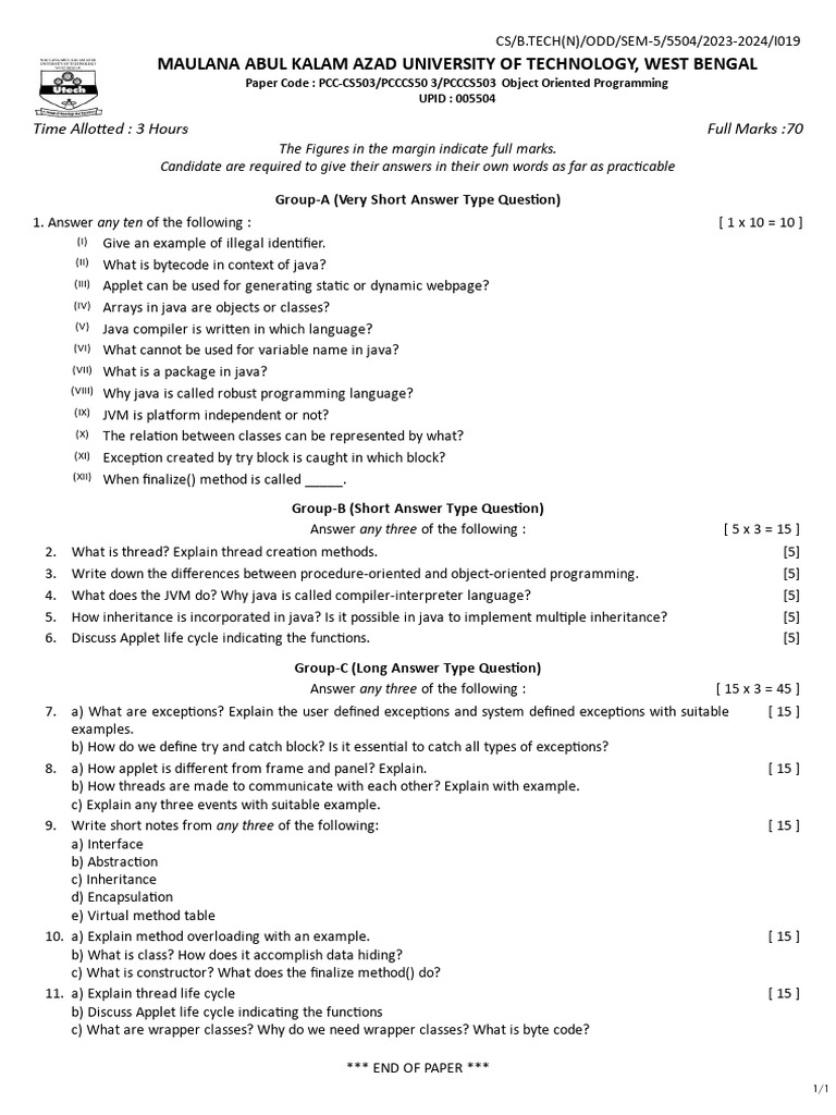 Btech Cse 5 Sem Object Oriented Programming Pcc Cs503 2024 Pdf Java