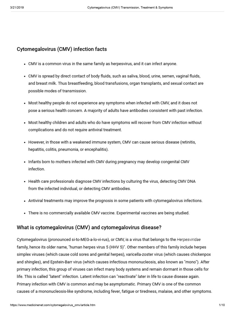 Cytomegalovirus (CMV) Transmission, Treatment & Symptoms | PDF | Hematopoietic Stem Cell ...