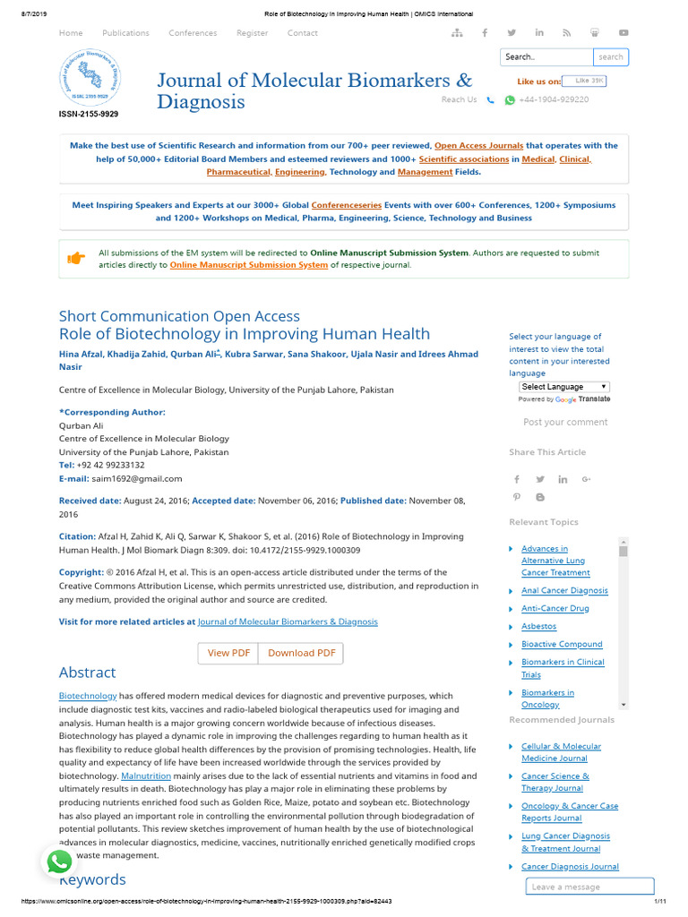 Role of Biotechnology in Improving Human Health - OMICS International ...