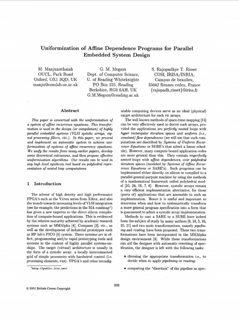 Uniformization of Affine Dependence Programs For Parallel Embedded System Design | PDF ...