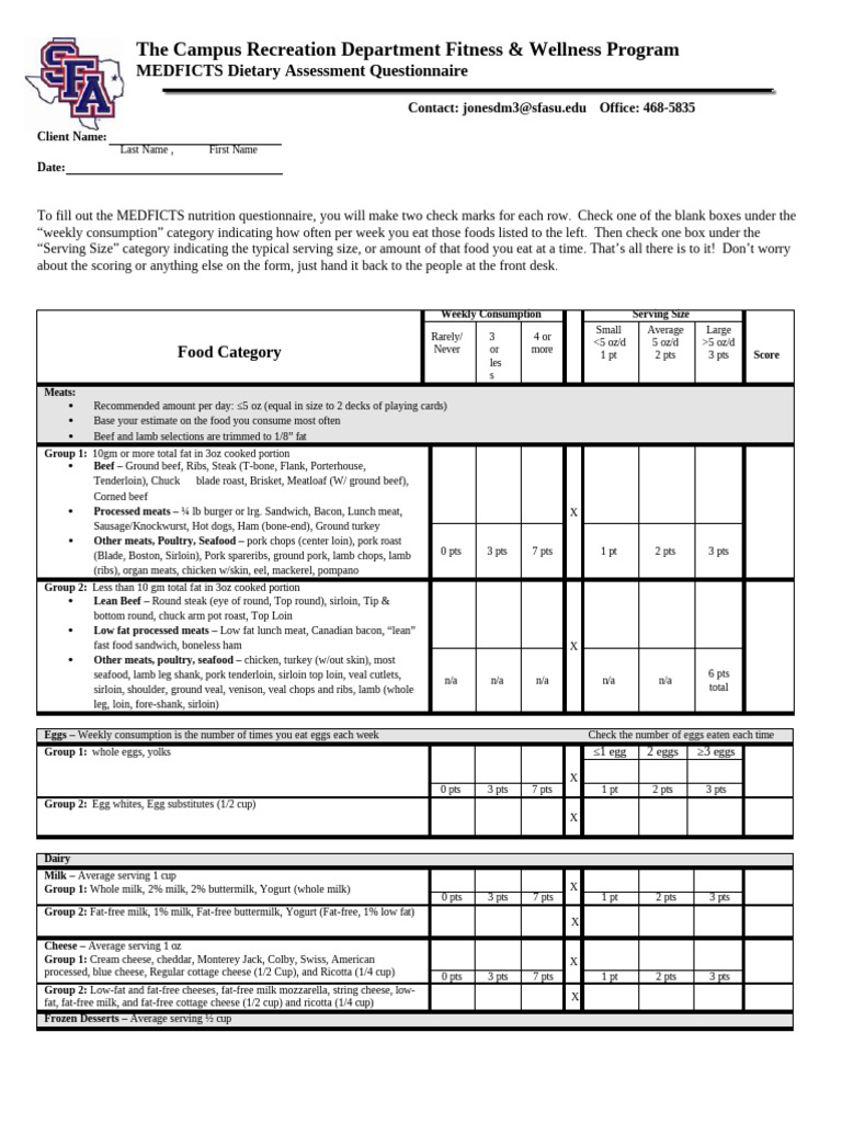 MEDFICTS Dietary Assessment Questionnaire | PDF | Beef | Pork