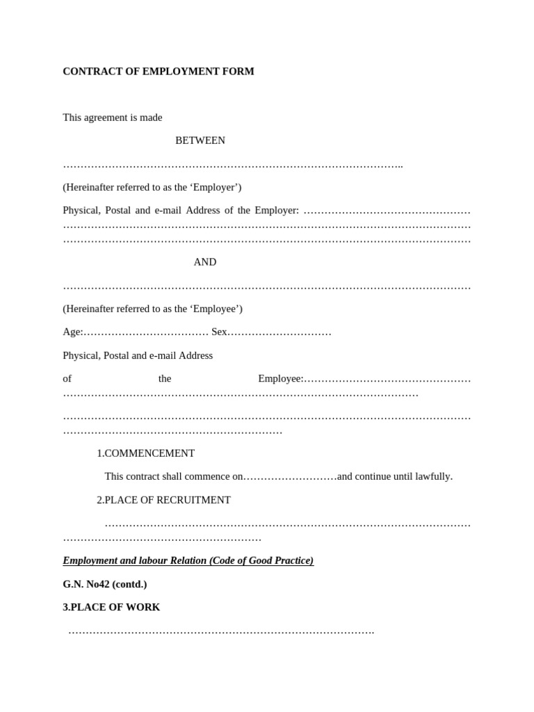 Employment Contract Template Form | PDF | Employment | Wage