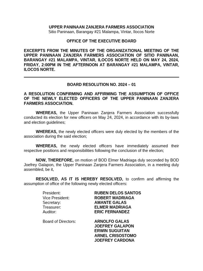 Upper Paninaan Board Resolution | PDF