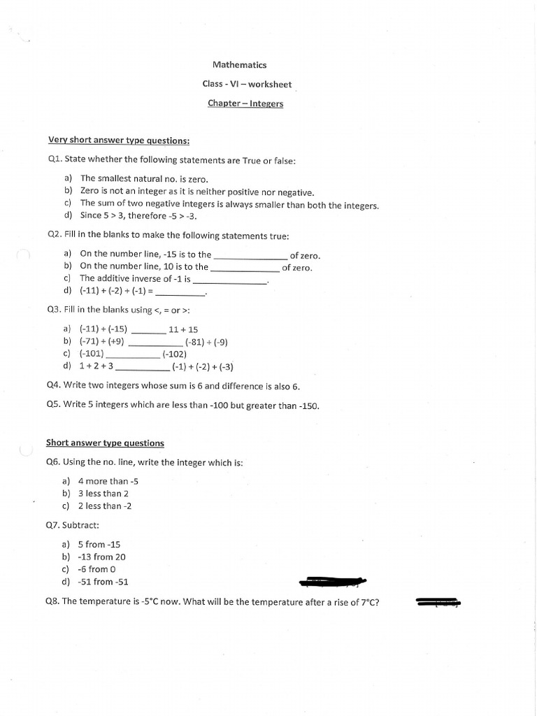 Class 6-Integers | PDF