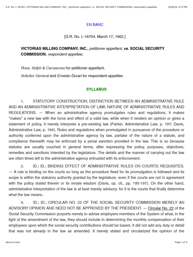 Victorias Milling Co. v. Social Security Commission | PDF | Employment | Overtime