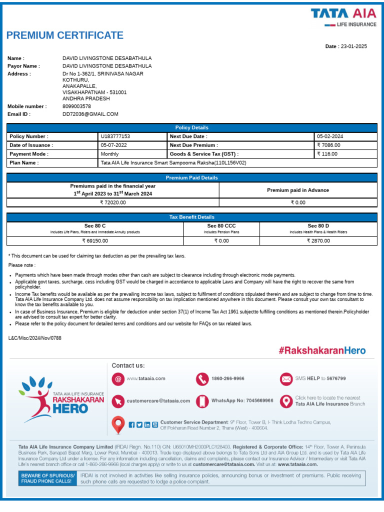 Tata AIA Life Insurance Premium Certificate | PDF