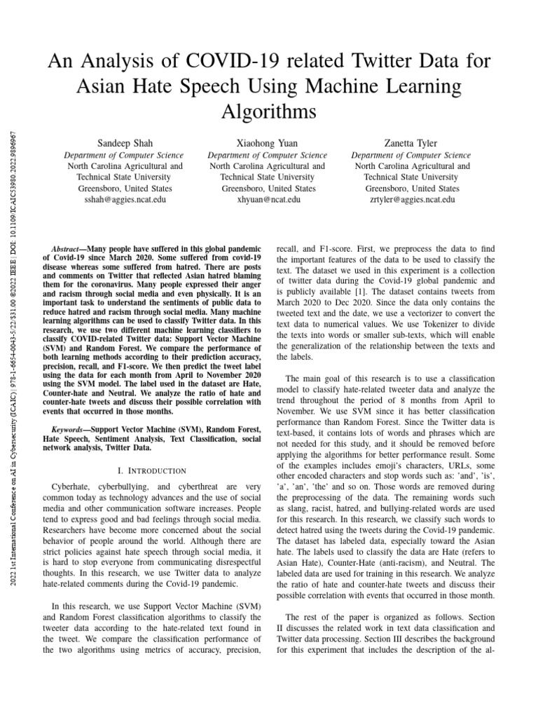 An Analysis of COVID-19 Related Twitter Data For Asian Hate Speech Using Machine Learning ...