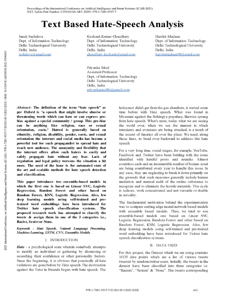 Text Based Hate-Speech Analysis | PDF | Statistical Classification | Logistic Regression