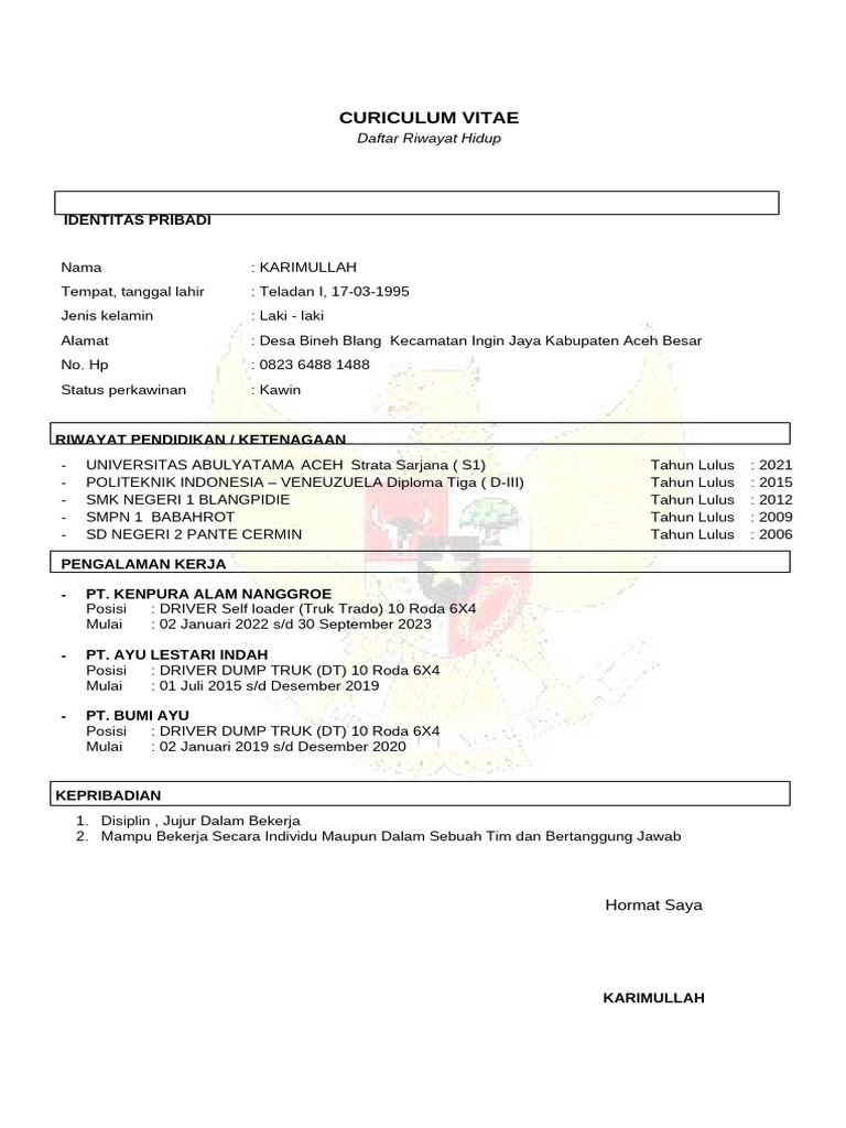 CV Karimullah: Pengalaman dan Pendidikan | PDF