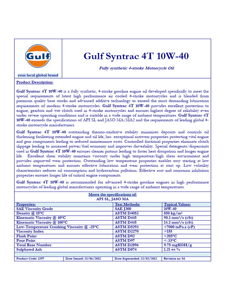 Gulf Syntrac 4T 10W-40 Motorcycle Oil | PDF | Motor Oil | Liquids