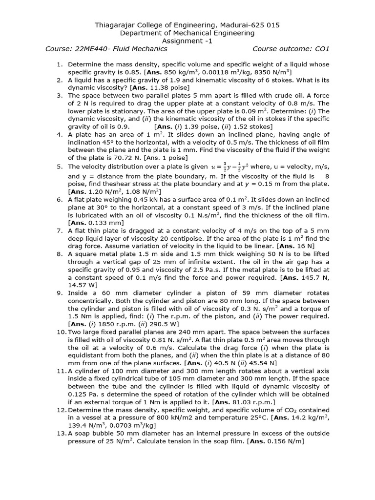 Assignment 1 - FM Even 2024-25 | PDF | Viscosity | Liquids