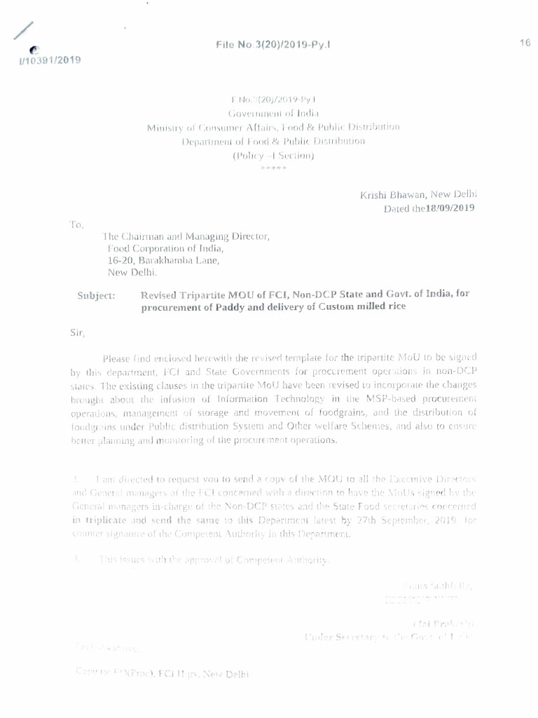 Revised MoU For Delivery of CMR (Non-DCP State) | PDF