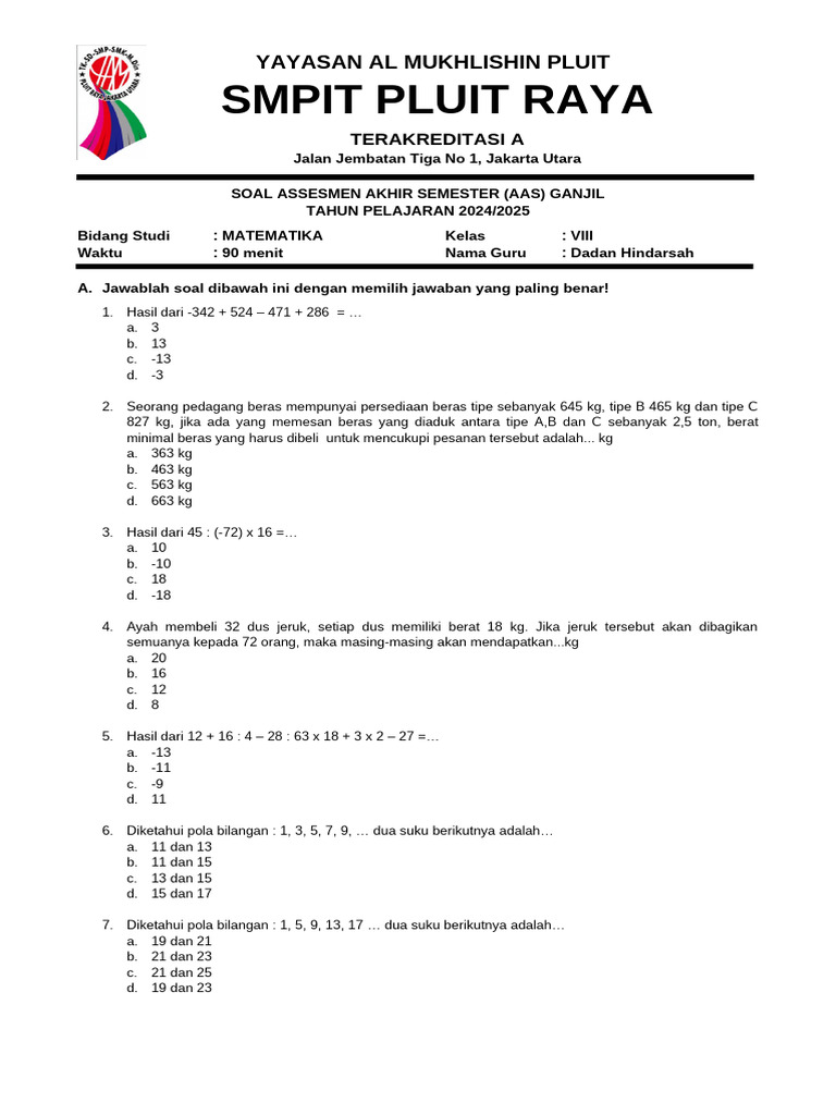 Perangkat Soal Aas Ganjil Matematika Kelas Viii Tahun 2024 Ok | PDF