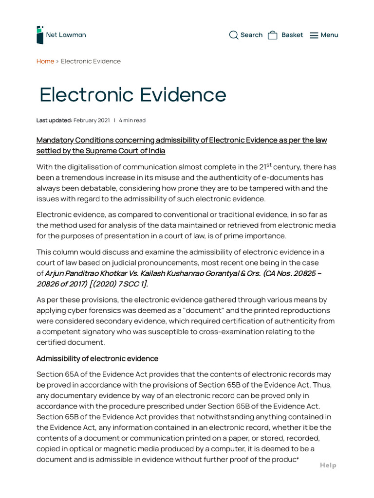 Admissibility of Electronic Evidence -Supreme Court of India | PDF | Authentication | Judgment (Law)