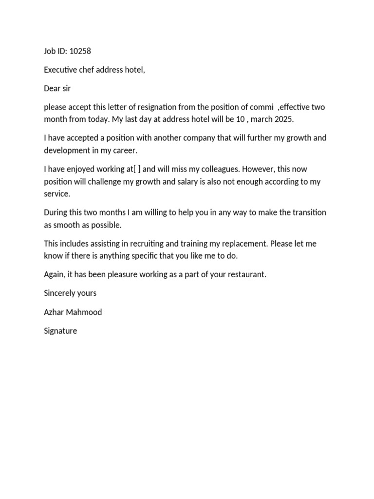Resignation Letter from Commi Chef | PDF
