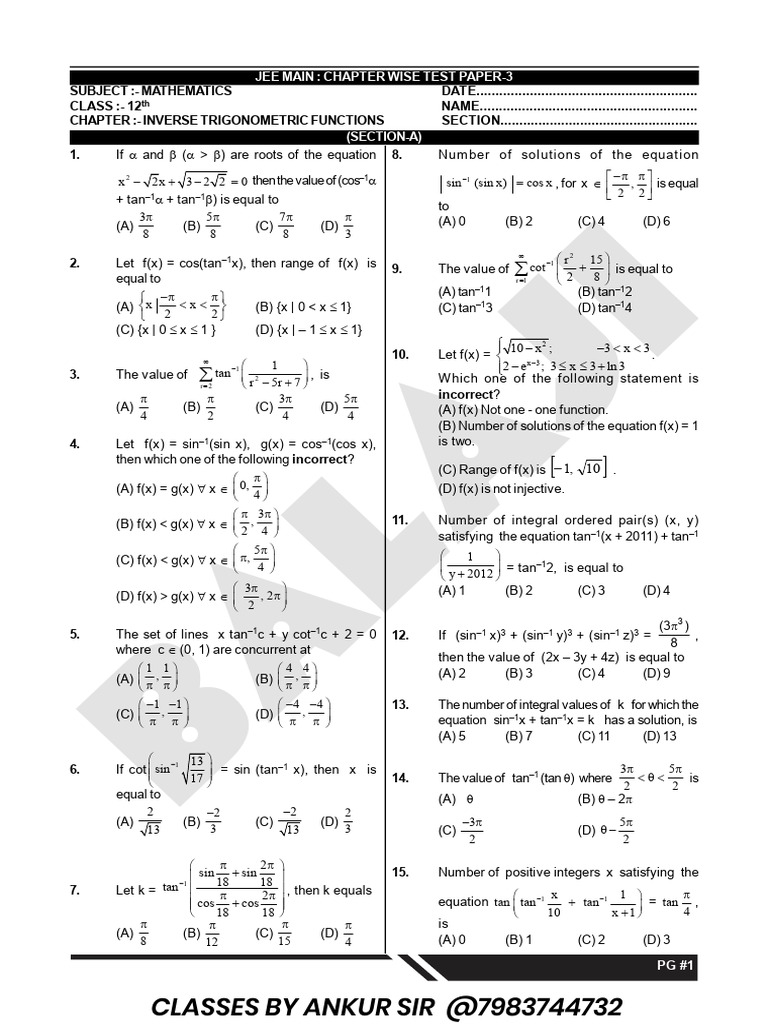 JEE Main Mathematics Test on Inverse Trigonometric Functions | PDF ...