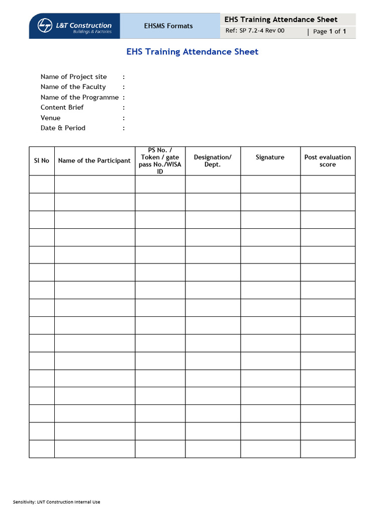 SP 7.2-4 - Format - EHS Training Attendance Sheet | PDF