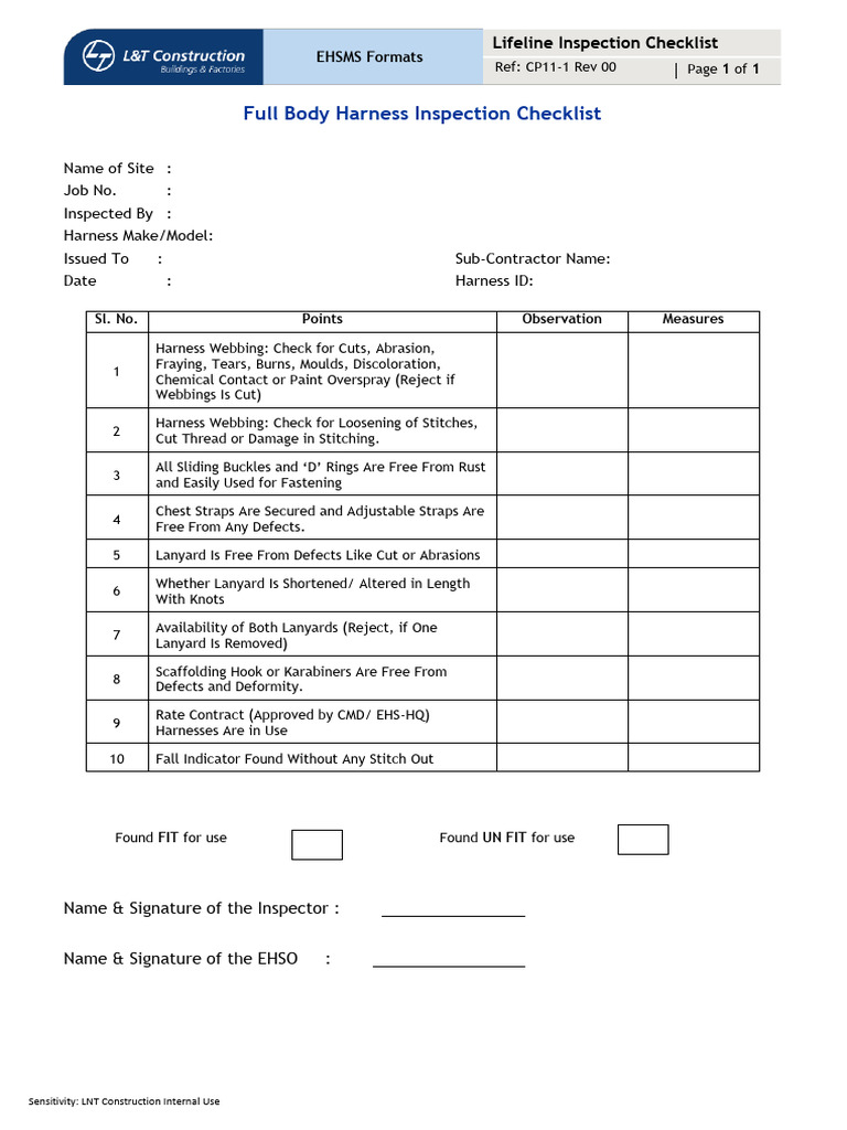CP 11-1 Full Body Harness Inspection Checklist | PDF
