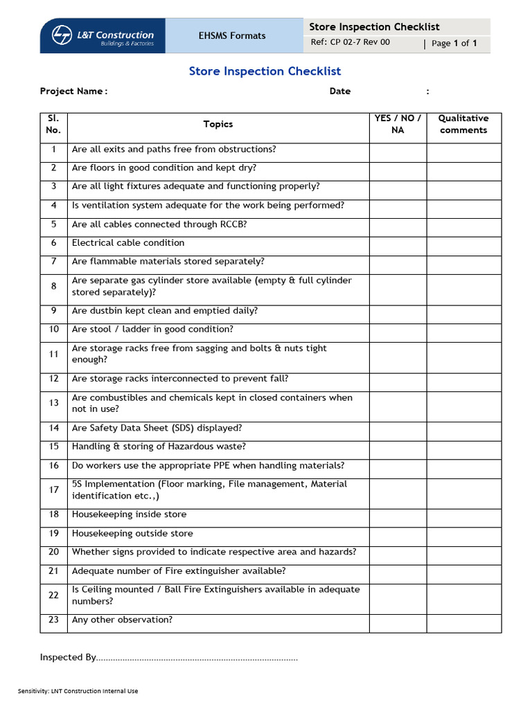 CP 02-7 Store Inspection Checklist | PDF | Hazards | Occupational ...