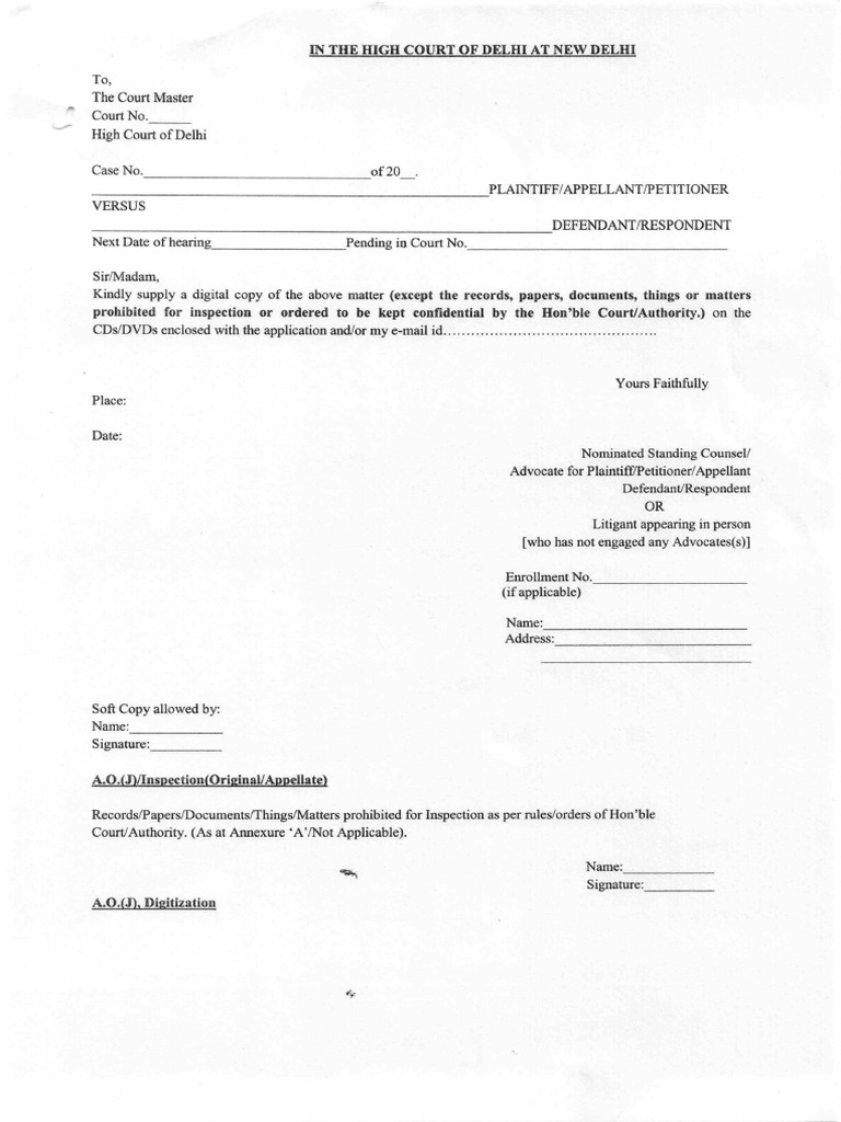 application form for supply of digital copy of cases pending in Hon'ble ...