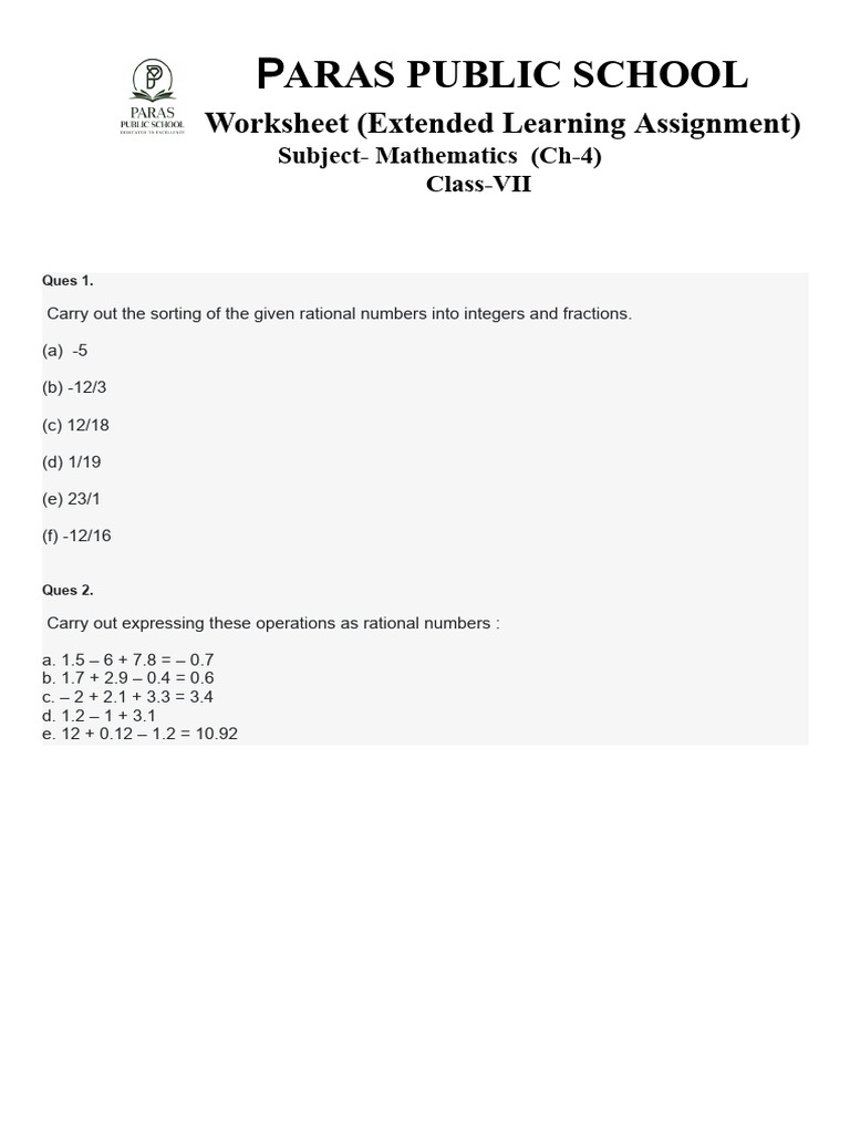 Class VII Math Worksheet | PDF